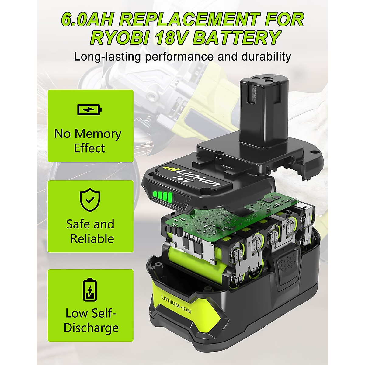 2Pack 6.0Ah Replacement for Ryobi 18V Battery and Charger Combo Replacement for Ryobi 18V Lithium P102 P103 P104 P105 P107 P109 P108 P190 P122 Cordless Tools Battery and P117 Charger