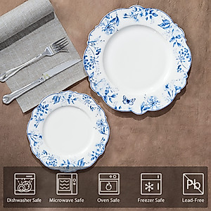 fanquare 8 Inch Blue Floral Porcelain Dessert Plates Set of 4, Scalloped Ceramic Salad Plates for Appetizer, Microwavable Plates