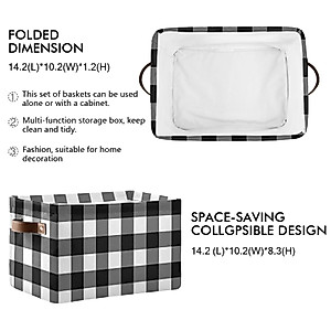 Black White Buffalo Plaid Storage Basket Collapsible Storage Bins Cubes Box Clothes Hamper Toy Chest Fabric Gift Baskets for Shelves Office Home Nursery Shoes with Leather Handles