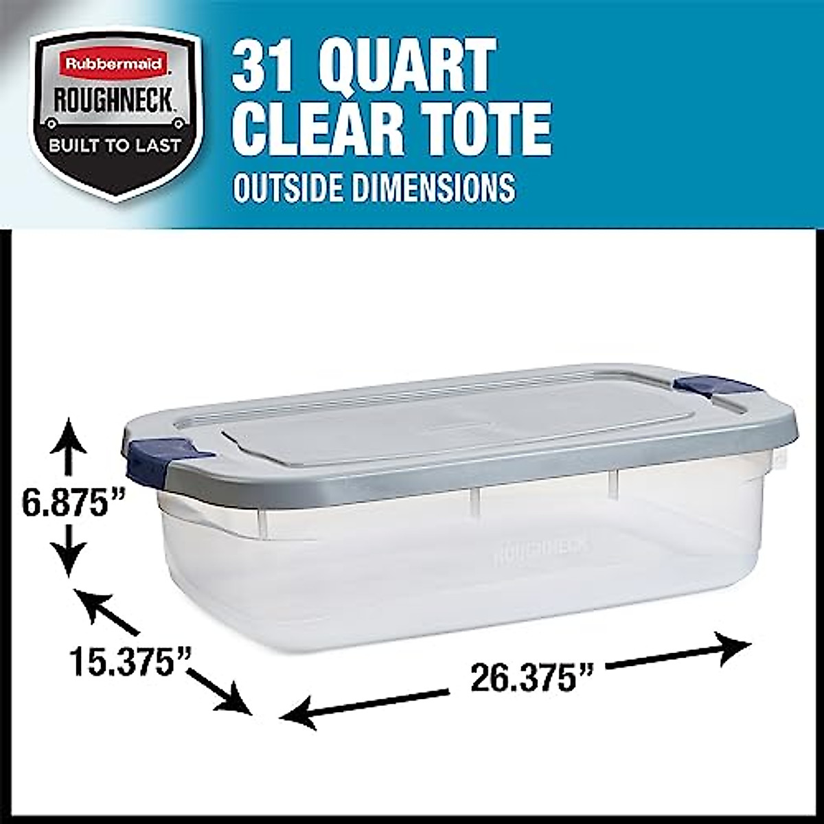Rubbermaid Roughneck Clear 31 Qt/ 7.75 Gal Storage Containers, Pack of 6 with Snap-Fit Grey Lids, Visible Base, Sturdy and Stackable, Great for Storage and Organization