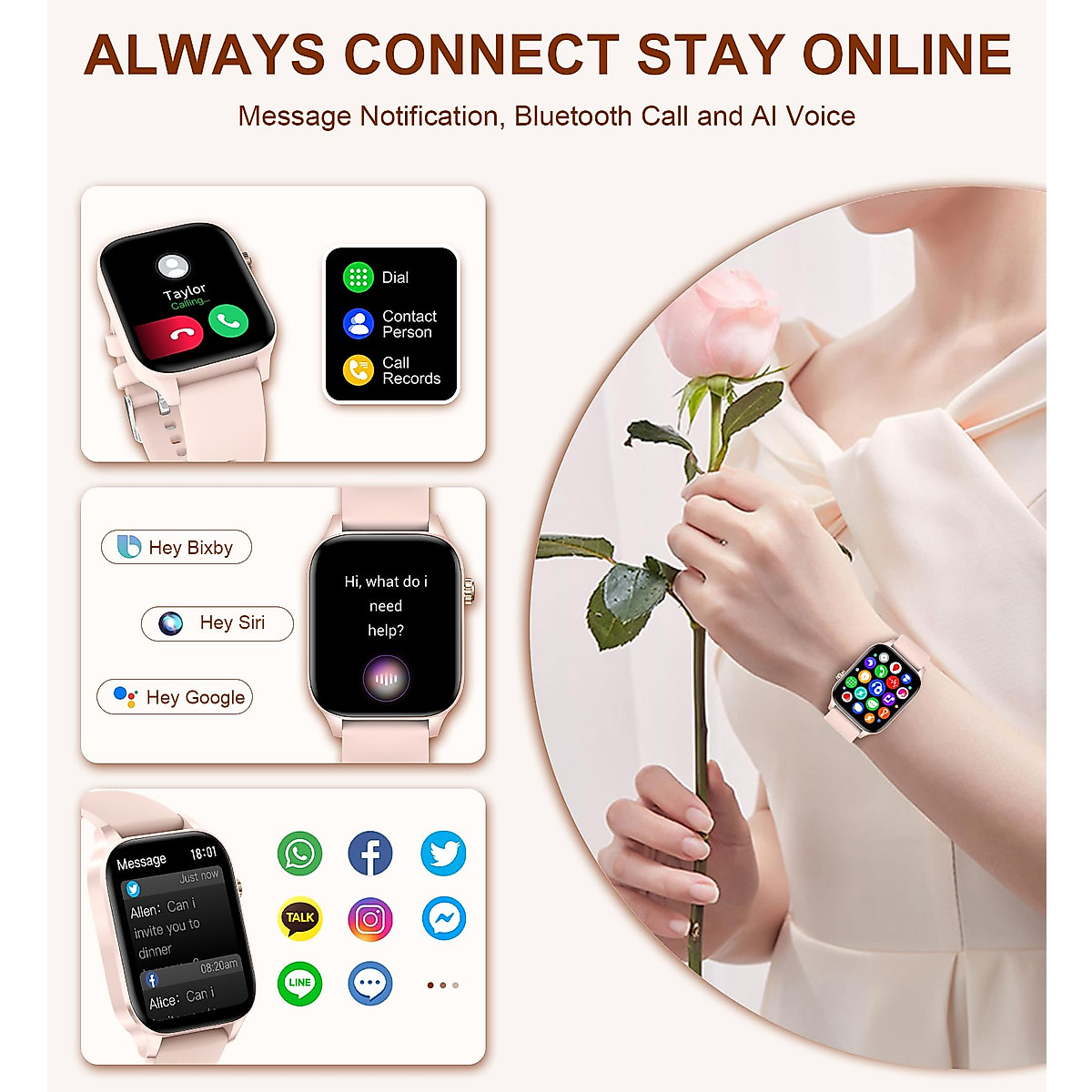 Smart Watch for Women (Answer/Make Call), 1.85" Fitness Tracker with Heart Rate Sleep SpO2 Monitor Pedometer 20 Sport Modes Voice, Waterproof Activity Trackers Smartwatches for iPhone Android Phones