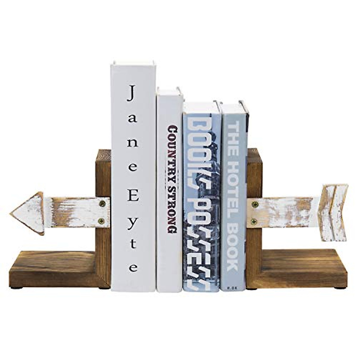 MyGift Rustic Burnt Solid Wood Decorative Bookend with Whitewashed Arrow Design, Office Desktop Book Support Stand, 1-Pair