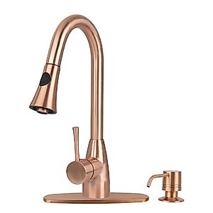 Copper Kitchen Faucet with Soap Dispenser, Single Handle Solid Brass High Arc Pull Down Sprayer Head Kitchen Sink Faucets with Deck Plate AK96455