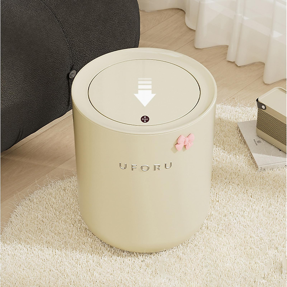 PPUMP Living Room Garbage Can, Round Trash Bin,Trash Can with Lid, Small Kitchen Garbage Can Cream Color, Vanity Wastebasket Trash Bin, Trash Bin, Cute Modern Waste Basket for Living Room Toilet