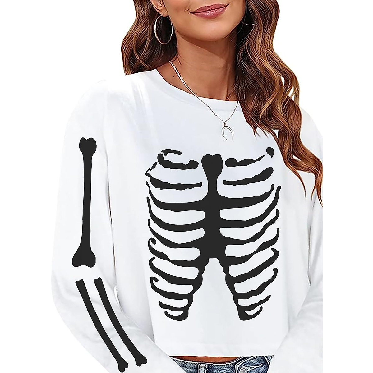 Halloween Crewneck Sweatshirt Women Cropped Skeleton Sweatshirts Jumper Pullover Tops White XL