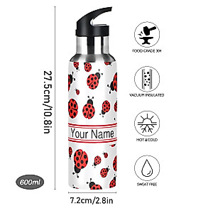 ZOEO Custom Water Bottle with Straw, Ladybug Childish Lid Thermos Kids Insulated Stainless Steel Water Flask Sports, 20 Oz Hot Cold