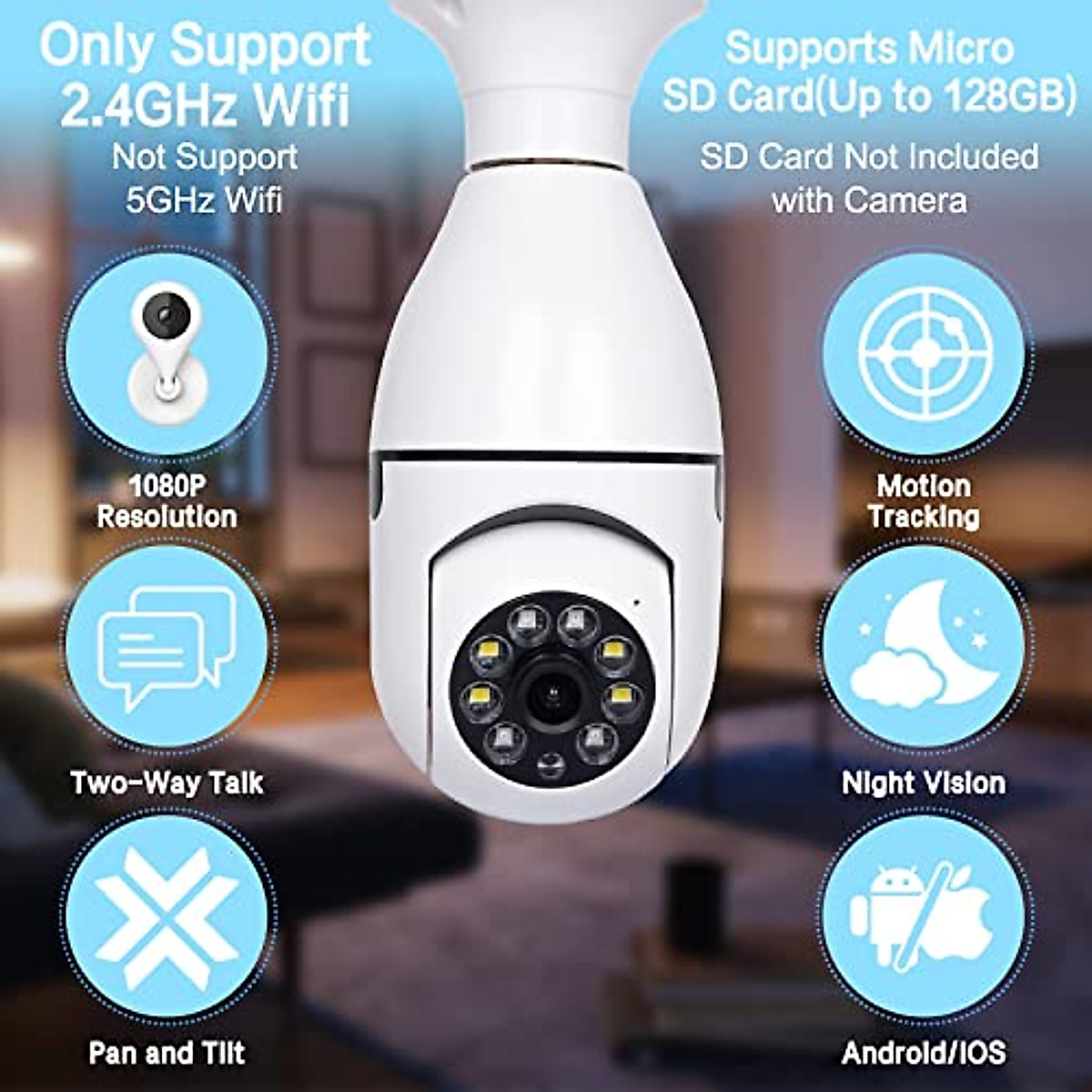 ORLMA Wireless WiFi Light Bulb Camera, 360 Degree E27 Bulb Security Camera Outdoor, Home Surveillance Cameras System with Human Motion Detection and Alarm (White-2PC)