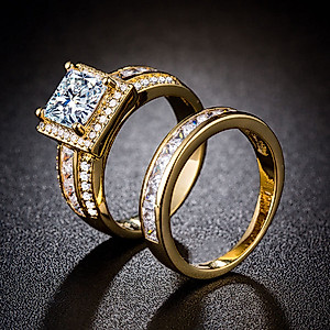 Ahloe Jewelry CEJUG 18k Gold Plated Wedding Ring Sets for Him and Her Women Men Titanium Stainless Steel Bands Couple Rings 3Ct Cz Size 9&7