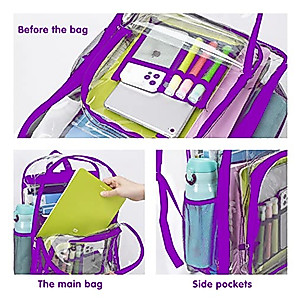 MCWTH Clear Backpack Heavy Duty PVC Plastic Transparent Backpacks School College Bookbag (Purple)