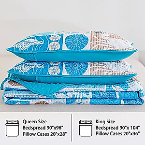 DJY Coastal Quilt Set King Coastal Blue Pattern Quilt Coverlet Set Soft Coastal Patchwork Bedspread with 2 Pillow Shams 3 Pieces Coastal Bedding Quilt Set for All Season 90"x 104"