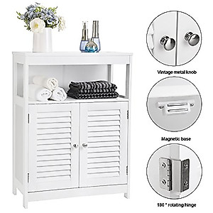 VASAGLE Bathroom Storage Floor Cabinet Free Standing with Double Shutter Door and Adjustable Shelf White