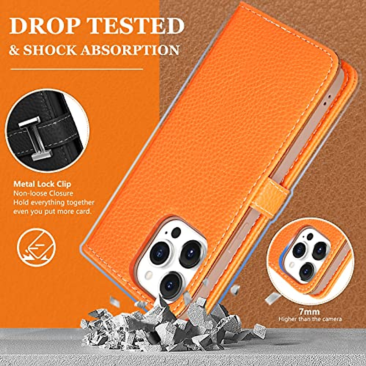 Funermei for iPhone 13 Pro Max Case Wallet for Women Leather Folio Designer Luxury Phone Cases with Credit Card Holder Stand Flip Cute Orange Cover Elegant Pretty with Tassel for Apple 13 Promax 6.7"