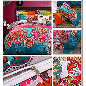 Pangzi Bohemian Duvet Cover Set Lightweight Microfiber Bedding Set Boho Floral Print Comforter Cover with Zipper Closure (Queen)