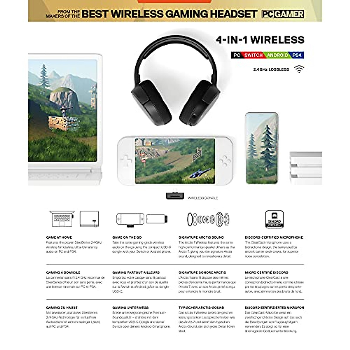 SteelSeries Arctis 1 Wireless - Wireless Gaming Headset - USB-C Wireless - Detachable Clearcast Microphone - for PC, PS5, PS4, Nintendo Switch, Android, Black