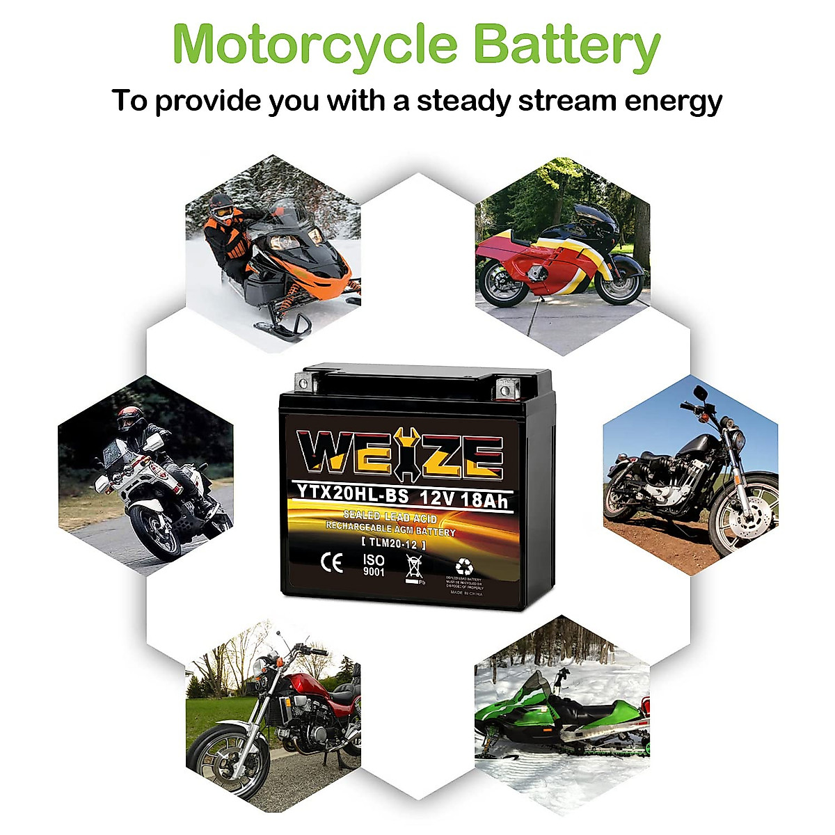 Weize YTX20HL-BS Battery, High Performance - Maintenance Free - Sealed AGM ETX20HL BS Motorcycle Battery