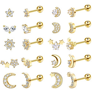 LOYALLOOK 10Pcs Cartilage Earrings Helix Tragus Earring Moon and Star Earrings CZ Heart Flower Barbell Surgical Steel Cartilage Earrings for Women Men Gold Tone