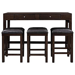 Knocbel 4-Piece Counter Height Table Set with Storage Drawers and Socket, Home Kitchen Bar Dining Room Set with 3 Faux Leather Padded Stools (Espresso)