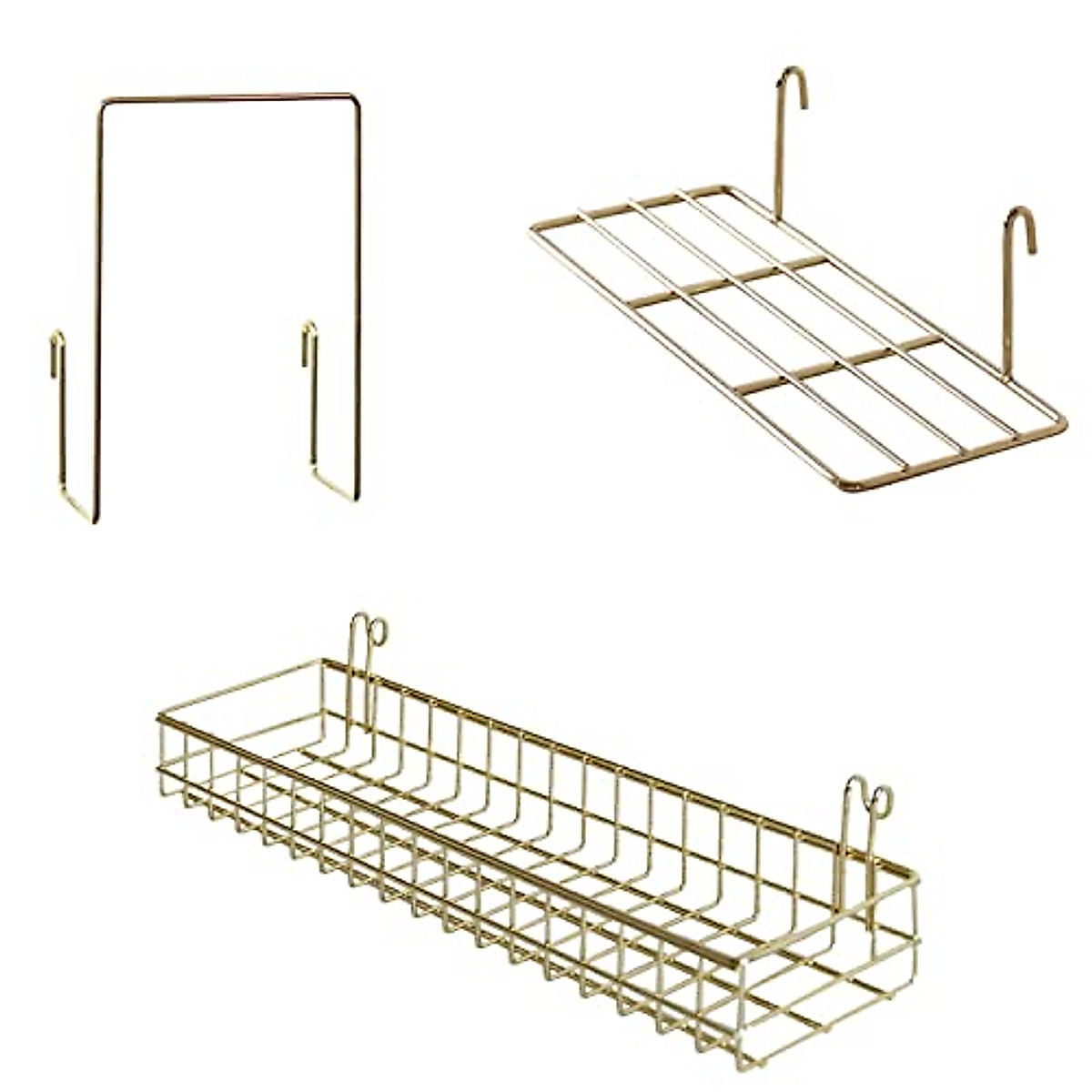 FRIADE Gold Grid Basket with Hooks,Bookshelf,Display Shelf for Wall Grid Panel,Wall Mount Organizer and Storage Shelf Rack for Home Supplies,1 Set of 3 (Gold)