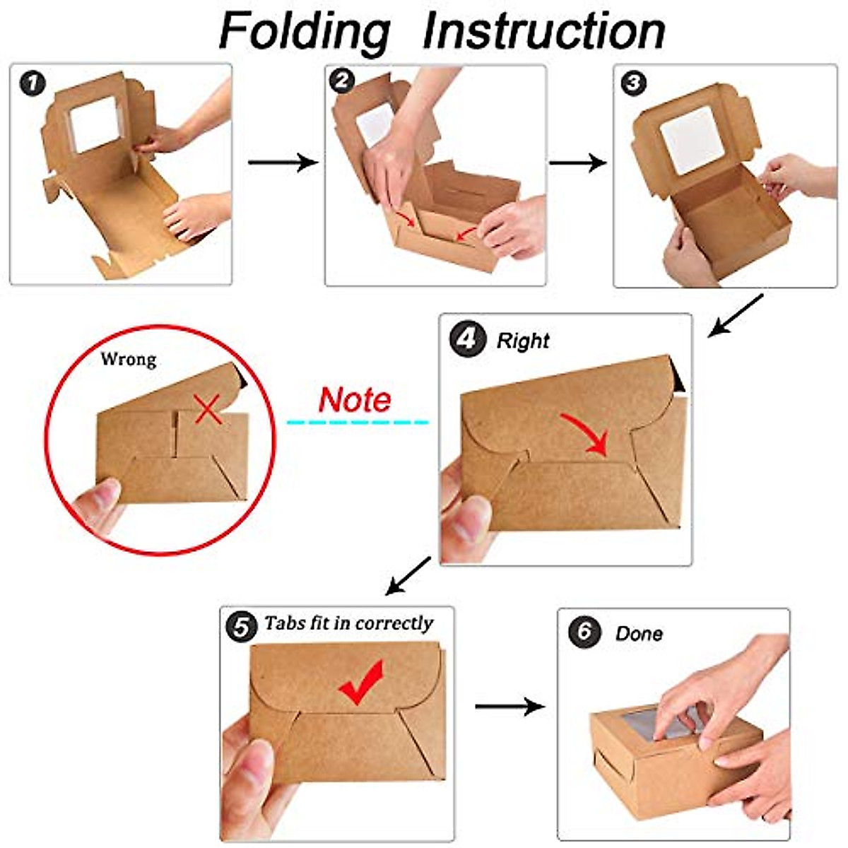 50 Pack Brown Bakery Boxes, 4x4x2.5 Inches Small Pastry Treat Boxes with Window Gift Packaging Boxes for Cookies, Pastries, Mini Cakes, Donut, Pie Slice, Stickers Included