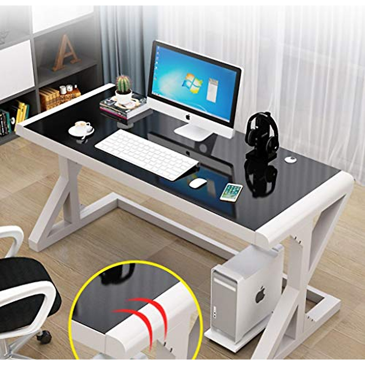 YWDNZ Home Office Desks Computer Desk Furniture/Tempered Glass Computer Desk Desk, X-Shaped Steel Frame Home Office Computer Desk, Workstation, (Color : A)