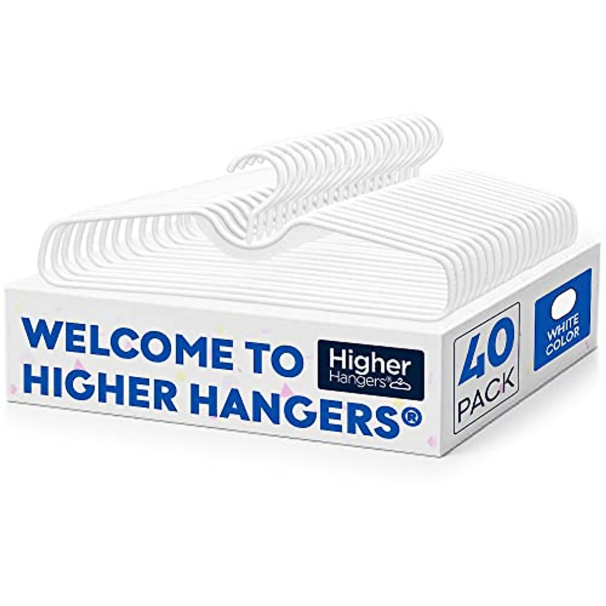 Higher Hangers Classic Short Neck Design Heavy Duty Slim Plastic Space Saving Clothes Hangers- 40 Pack - Create Extra Closet Space, Non-Slip, Durable, Practical, and Versatile Closet Organizer (White)