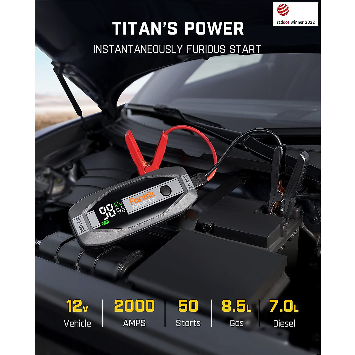 Fanttik T8 APEX 2000 Amp Jump Starter, 20000mAh Car Battery Pack for Up to 8.5L Gasoline and 6L Diesel Engines with LED Display, 65W PD Fast Charger,12V Extreme Safe Lithium Portable Jump Starter