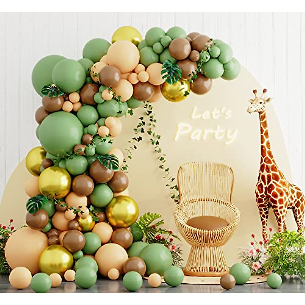 RUBFAC 160pcs Sage Green Brown Balloon Garland Kit Jungle Safari Woodland Balloon Arch with Sage Green Dark Brown Beige Gold Matte Balloons for Jungle Party Baby Shower Safari Birthday Decorations