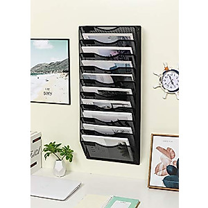 EasyPAG 10 Tier Wall File Organizer Office Mesh Metal Hanging File Folder Holder Magazine Rack, Black