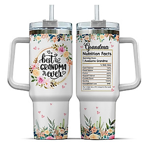 99WHALE Grandma Gifts, Grandma Watercolor Floral Nutrition Facts, Tumbler 40 Oz With Handle Lid And Straw, Handle Grandmas Cup For Great Heart Sippy Flower Best Ever Coffee Cups Nana