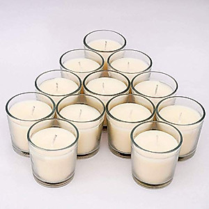 Ampliscent White Scented Glass Votive Candle - Set of 12 | Bulk Pack for Weddings, Bridal Showers or Home Parties and Centerpieces - Sandalwood Vanilla