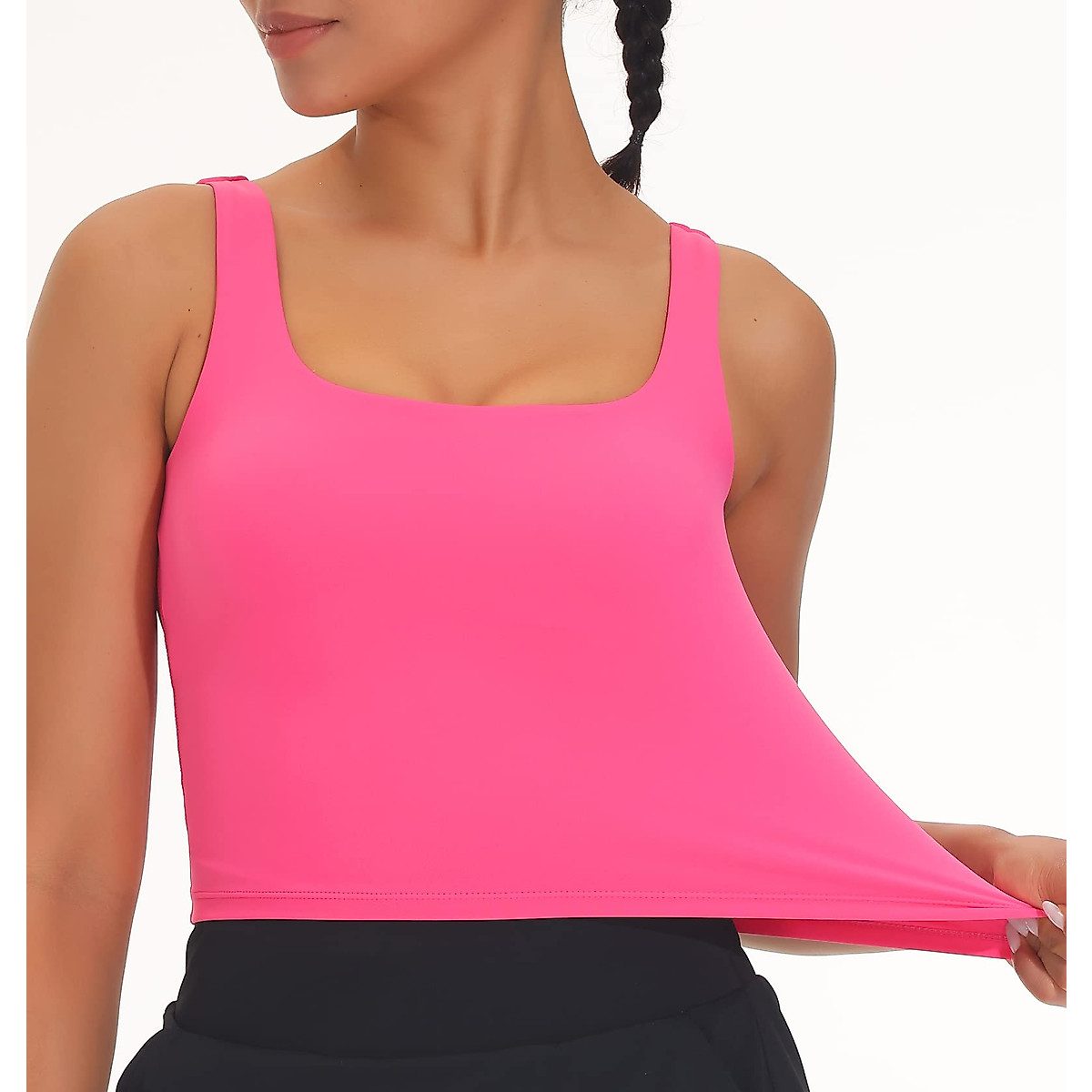 THE GYM PEOPLE Women's Square Neck Longline Sports Bra Workout Removable Padded Yoga Crop Tank Tops Bright Pink