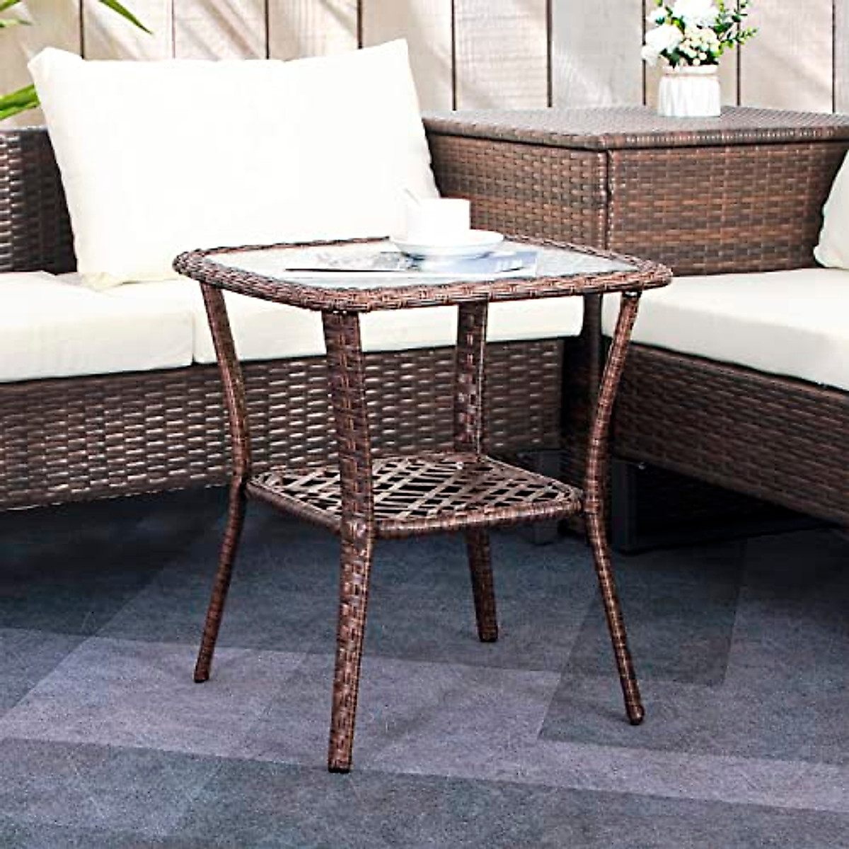 DIMAR GARDEN Outdoor Side Table Wicker Patio Coffee Table with Glass Top and Storage Shelf,Mixed Brown
