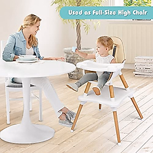 INFANS 5 in 1 Baby High Chair with 5 Point Harness, Detachable Tray, Wipeable Cushion, Converts to Table and Seat Set, Toddler Chair, Booster Seat, Wooden Dining Chair for Infant Kid (Khaki)