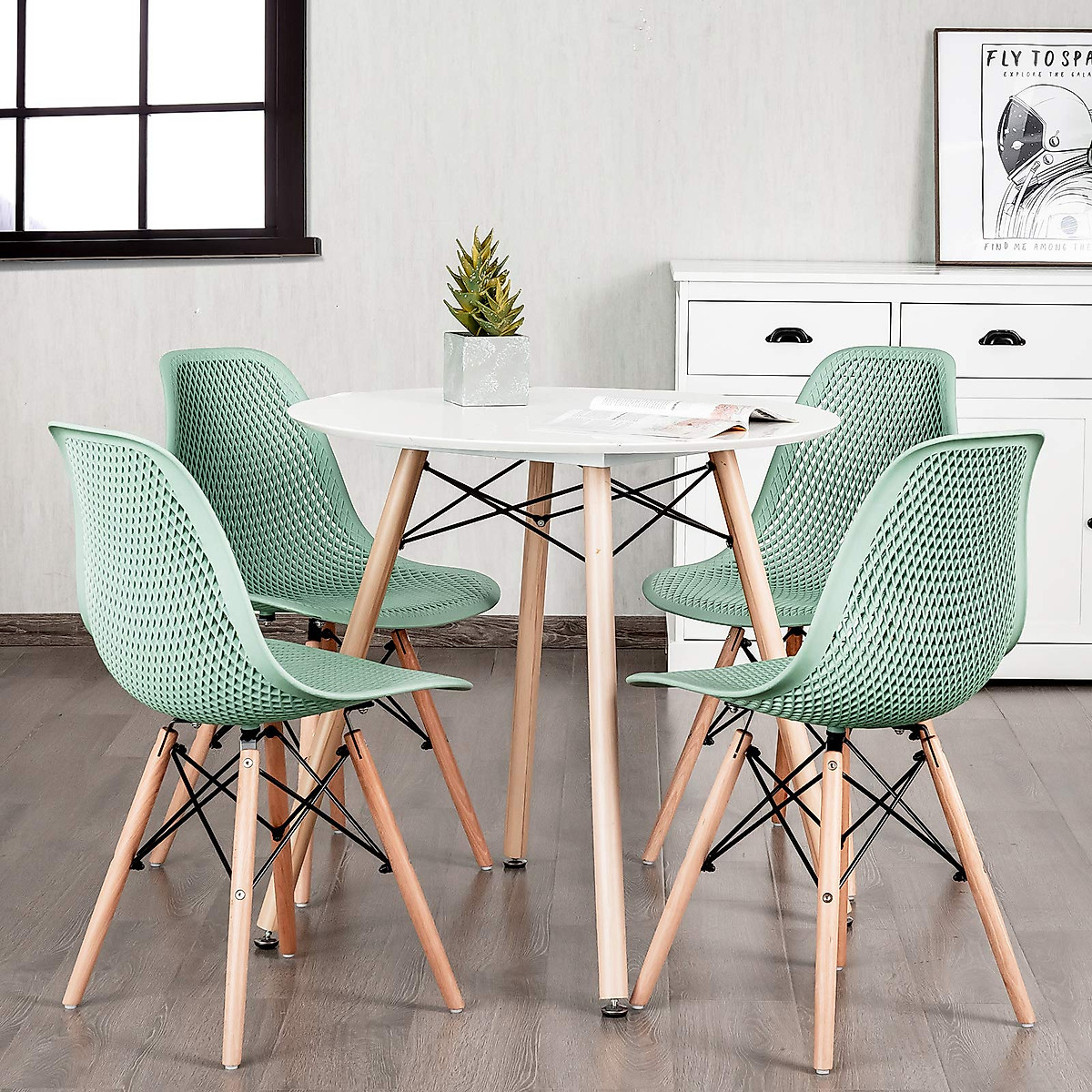 KOTEK Set of 4 Dining Chairs, DSW Molded Shell Plastic Side Chairs with Mesh Design, Solid Wood Legs, Mid-Century Modern Armless Side Chairs for Kitchen, Dining Room, Living Room (Green)