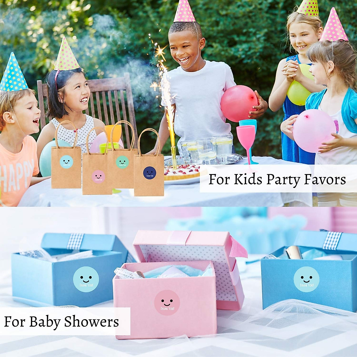 Mobiusea Party Thank You Stickers Roll | Happy Smiley Faces |1.5 inch | Waterproof | 500 Labels for Small Business, Packaging, Mailer Seal Stickers, Baby Showers, Kids Birthday Party | 4 Color Designs