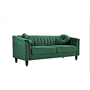 Container Direct 75'' Mid-Century Modern Velvet Sofa Chesterfield Inspired Luxury 3 Seater Couch for Living Room with Removable Cushions and Turned Wood Legs, Green