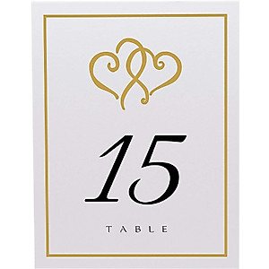 Linked Hearts and Border Wedding Table Numbers (Select Color/Quantity), White, Gold, 1-10, Double Sided, Tent or Use in a Stand, Great for Parties & Restaurants