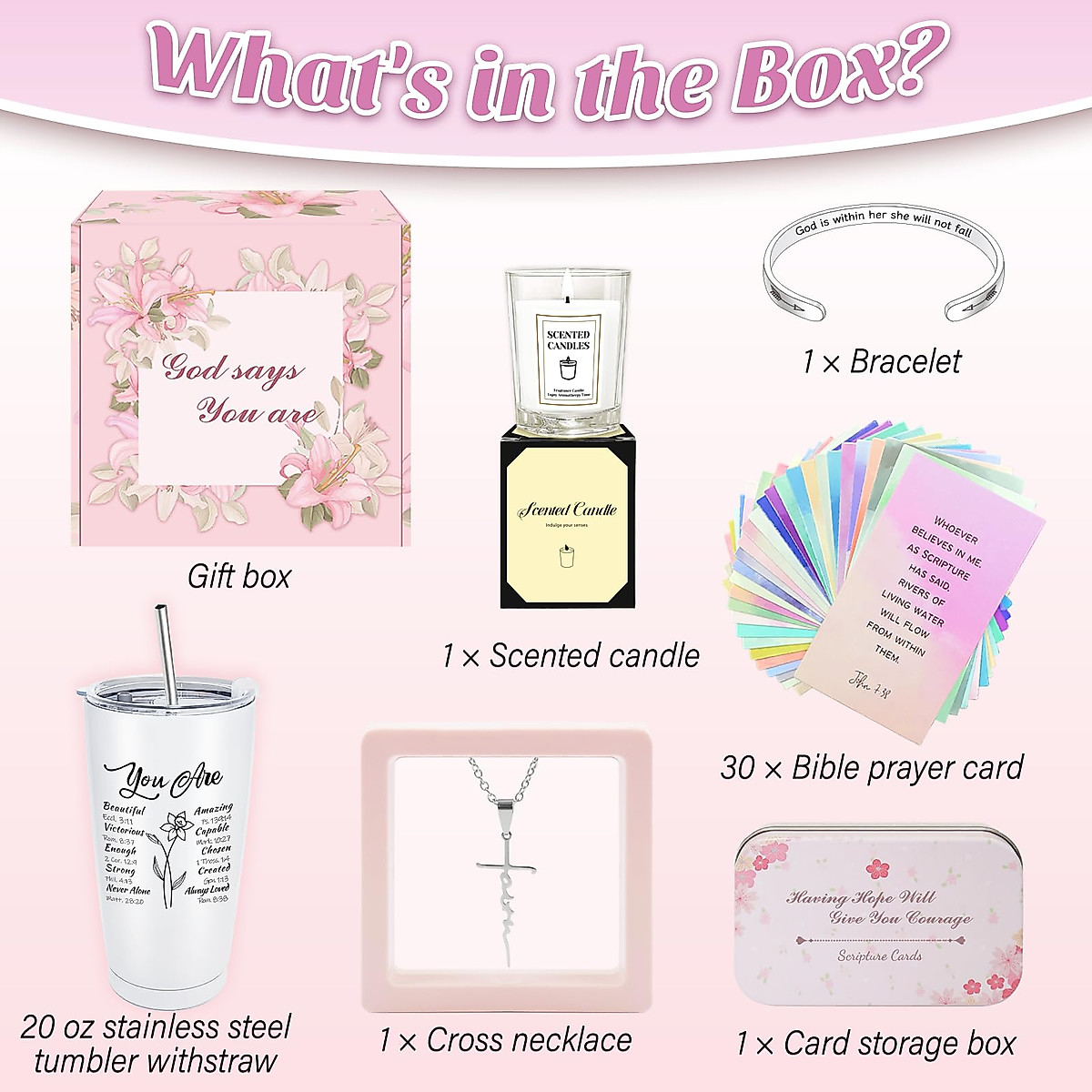 Christian Gifts for Women, Inspirational Gift for Women with Scripture Cards, Cross Necklace, Religious Gift for Thanksgiving, Easter, Birthday, Spiritual Gifts for Woman, Mom, Sister (Pink)