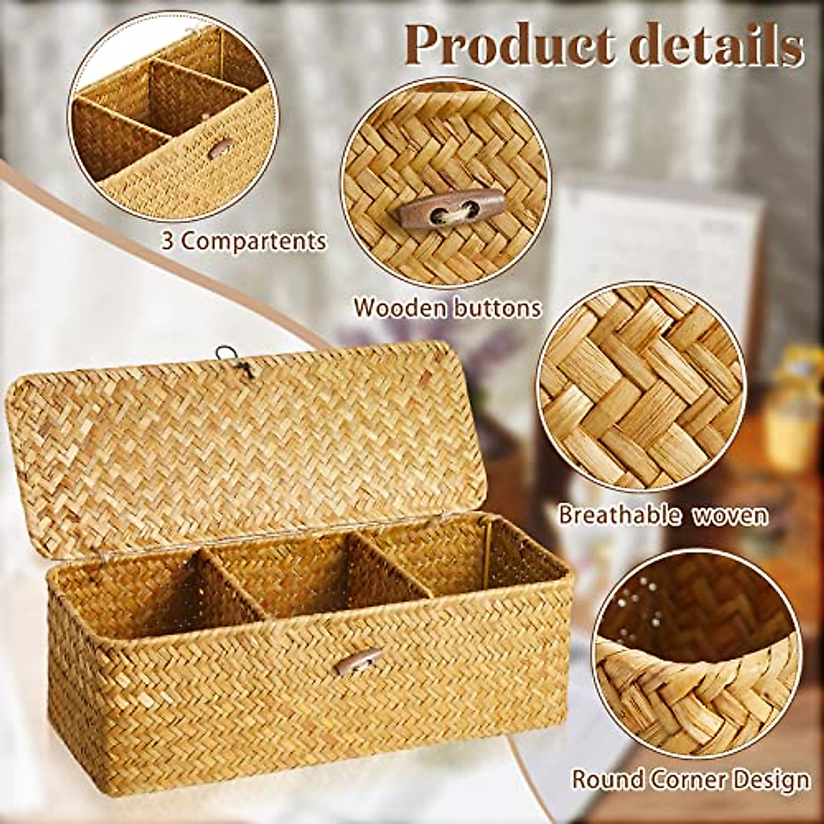 2 Pieces Seagrass Baskets with Lid, Rectangular Hand Woven Wicker Bin Storage Box for Shelves Organizing, Small Rustic Home Storage Organizer Container (Light Orange,12.6 x 4.72 x 4.33 Inches)