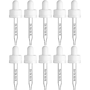 Comfort Axis Child Resistant Calibrated Glass Eye Dropper for 1/2 oz Bottle, White, 18-400 Neck Finish (10 Pack)