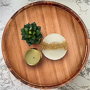 Round Wooden Serving Tray with Handles, 15¾" Large Diameter Wood Serving Trays for Ottoman, Rustic Acacia Circle Tray for Eating, Entertaining, Decorating and Organizing