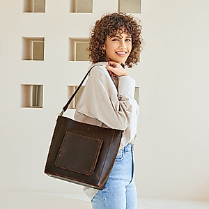 S-ZONE Women Vintage Genuine Leather Bucket Tote Bag Hobo Handbag Distressed Shoulder Purse