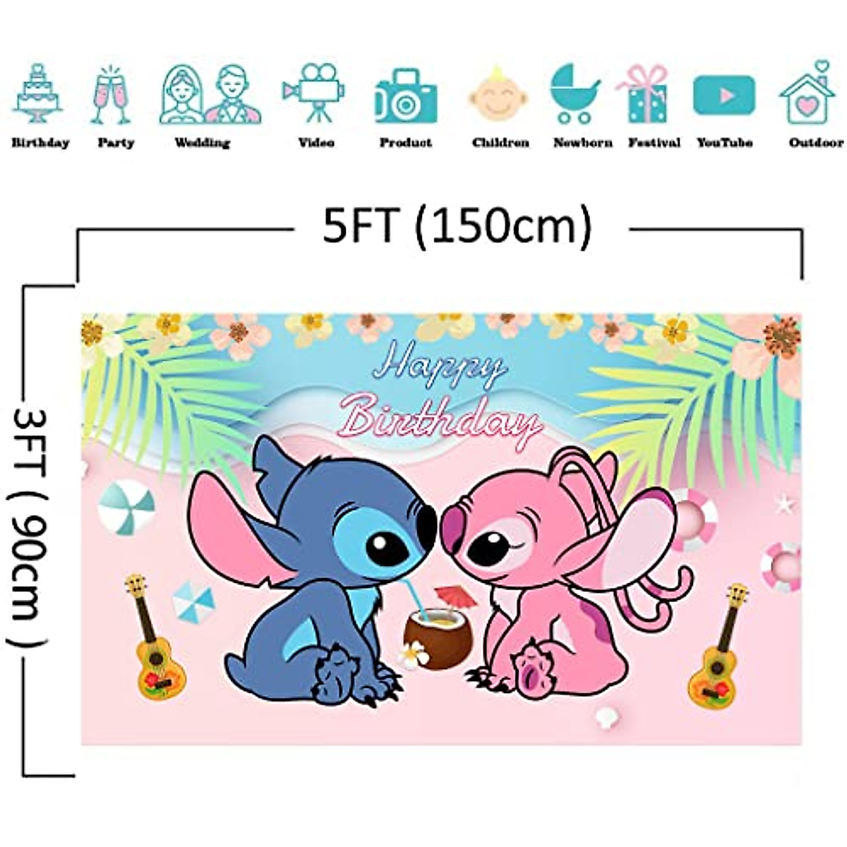 Stitch and Angel Happy Birthday Backdrop for Birthday Party Decorations Summer Tropical Hawaiian Beach Party Decorations Supplies Banner 5x3ft