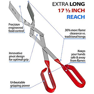 Shark BBQ Grilling Tongs: Extra long reach for outdoor grill & kitchen. Best cooking accessories for charcoal, gas grills & smoker. Perfect stainless steel gift for dad. Great for indoor cooking (Red)