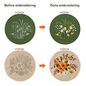 FEPITO 2 Sets Full Range Embroidery Starter Kit with Pattern and Instructions Cross Stitch Kit Includes 2 Pcs Embroidery Clothes with Floral Pattern, 1 Pcs Plastic Embroidery Hoops, 1 Pcs Scissor