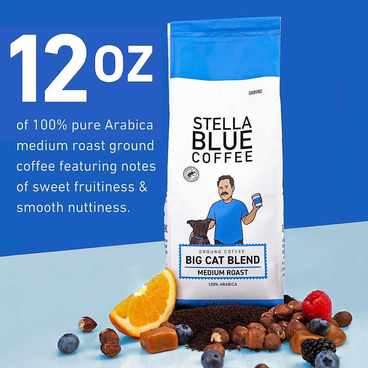 Stella Blue Fresh Ground Coffee - Big Cat Blend - 100% Arabica MEDIUM Roast - Ethically & Sustainably Sourced from Central America - Helps Support PAWS Chicago - 12 ounce Bag