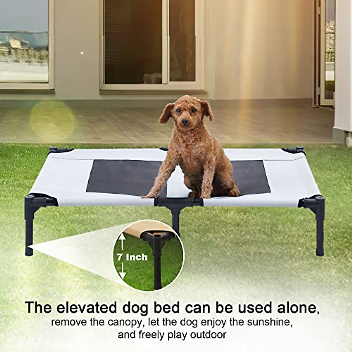 SweetBin S/M/L Outdoor Elevated Dog Cot with Canopy & Side Shade for Camping Small Medium Dogs (Carry Bag), Portable Cooling Raised Dog Bed with and Side for Beach