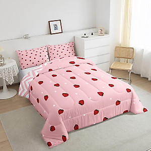 Feelyou Girls Strawberry Comforter Set Queen Size Cute Kawaii Bedding with 2 Pillowcases,3 Pieces