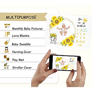 Elephant Milestone Blanket for Baby Girls Boys Soft Sunflower Photography Background Prop Monthly Milestone Trackers Growth Chart Blanket 60" x 40", Nursery Decor