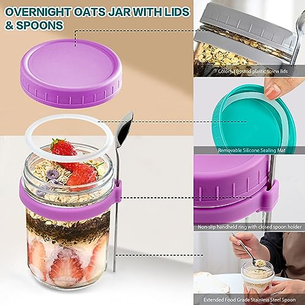 ZIZOTI 8 Packs Glass Overnight Oats Containers with Lids and Spoons,2 Size 16 Oz & 10 Oz Mason Overnight Oat Jars, Airtight Breakfast Meal Prep Glass Container to Go for Chia Yogurt Salad Cereal Fruit